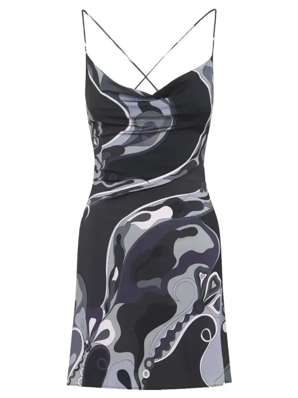 Emilio Pucci Orchidee Print Short Jersey Satin Dress - Black