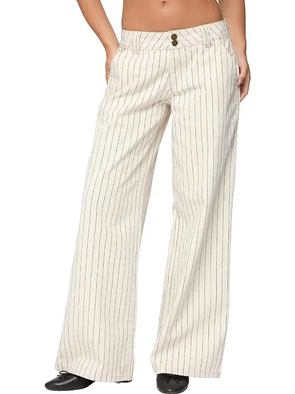 EDIKTED Striped Low Rise Baggy Jeans - Cream Washed