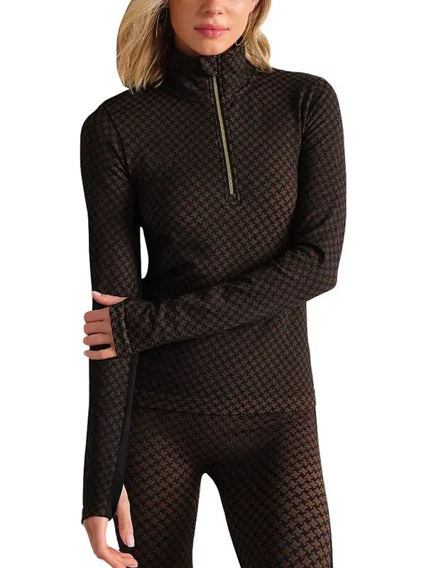 RHONE Apres Houndstooth Seamless Quarter Zip Top - Chestnut Brown Houndstooth