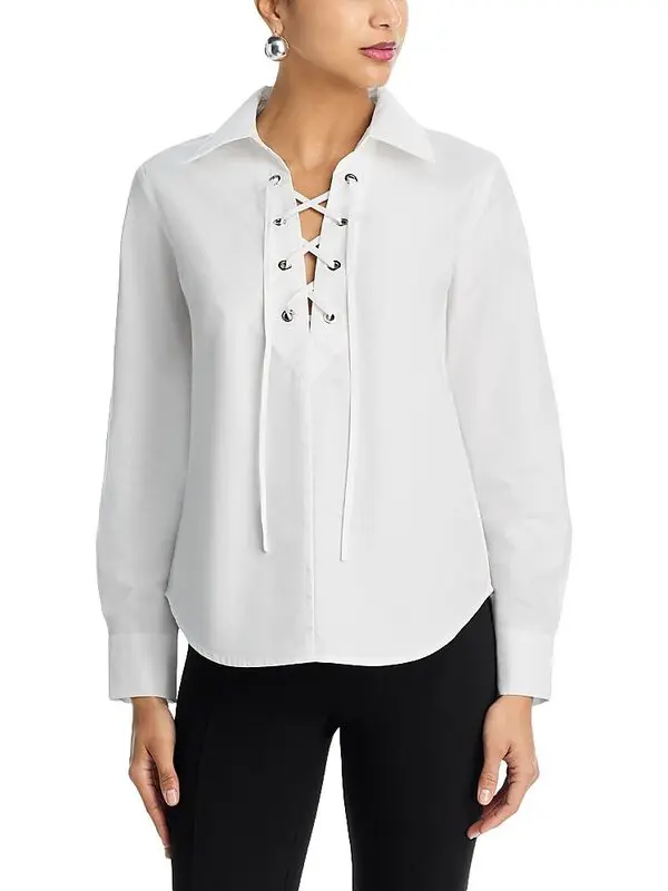Aqua Poplin Lace-up Long-sleeved Top - White