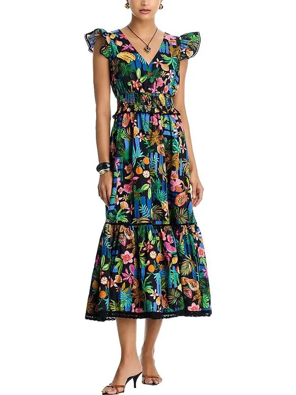 Aqua Tropical Ruffle Sleeve V-neck Midi Dress - Black Multi