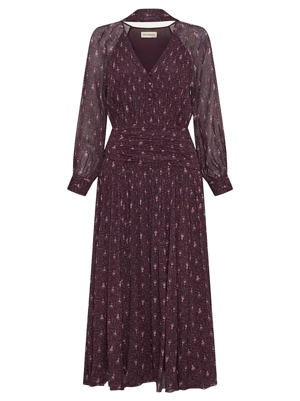 NICHOLAS Draya Ruched Tie-neck Viscose Maxi Dress - Purple Pattern