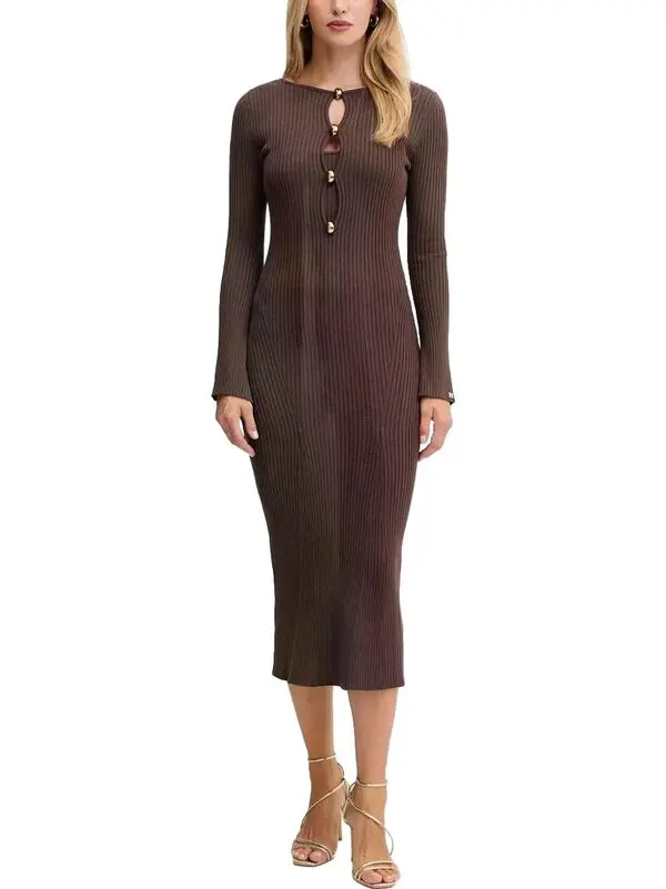 MARCIANO Ribbed Buttoned Midi Dress - Brown