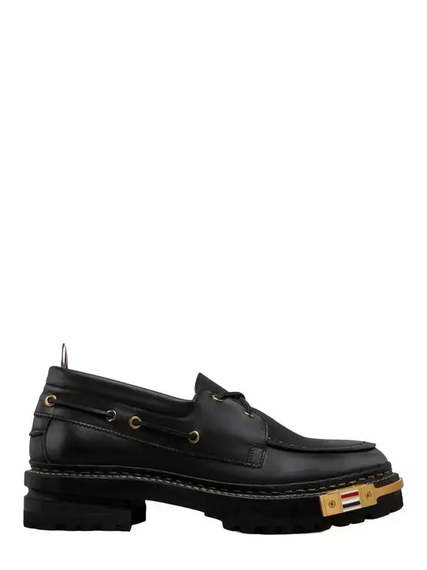 Thom Browne Leather Boat Shoes With Gold-tone Hardware And Brogue Detailing - Black