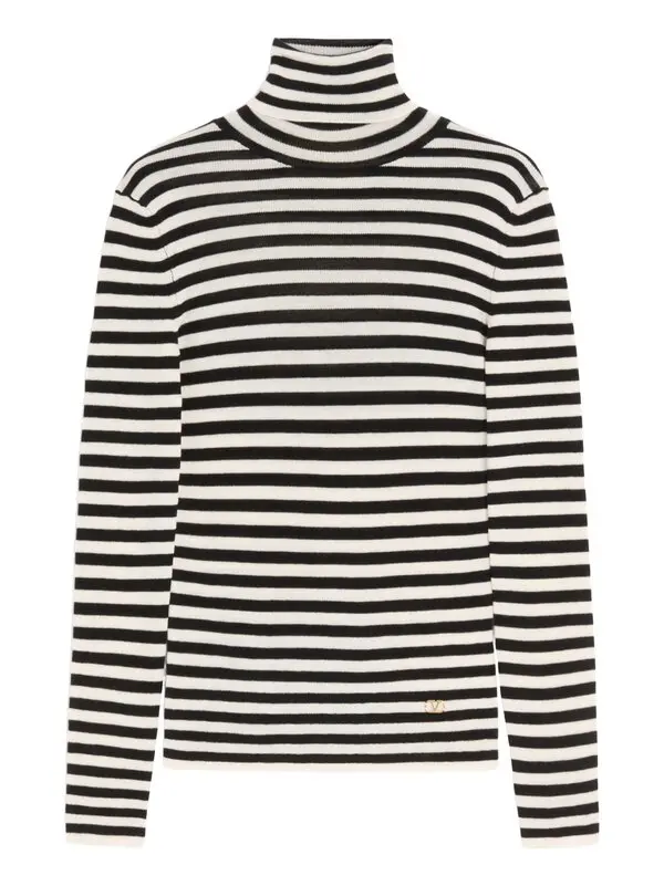 Valentino Garavani Virgin Wool Striped Funnel Neck Sweater - White