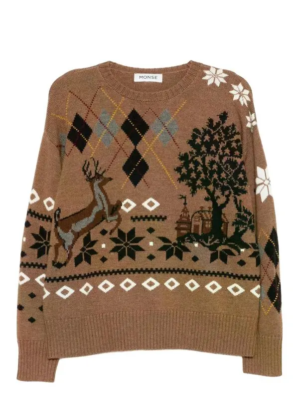 Monse Fair Isle Crew Neck Jumper - Brown