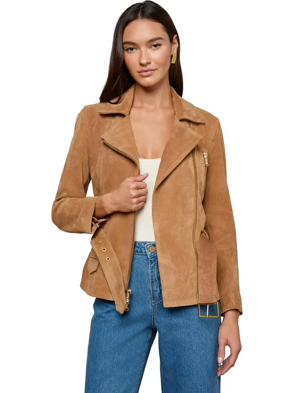 L'Agence Dinah Suede Biker Jacket - Dark Chai Latte