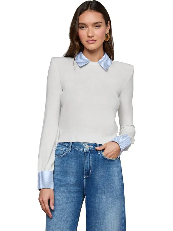 L'Agence April Poplin Collar Pullover - White/blue Stripe