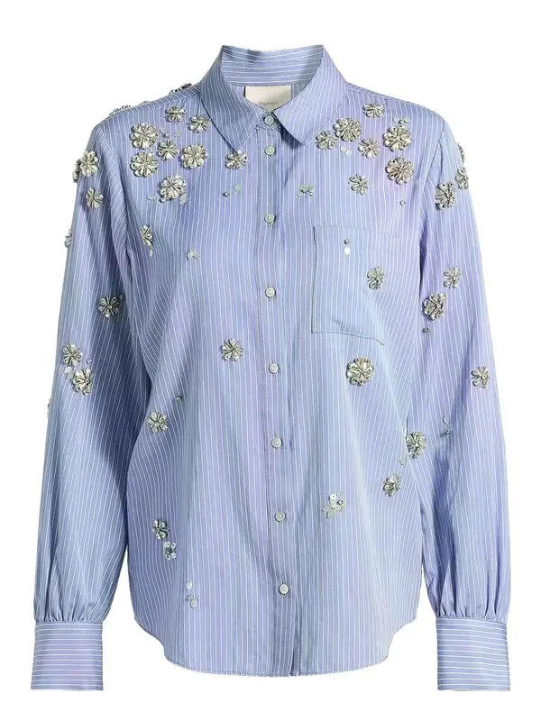 Cinq À Sept Lola Striped Flower-embellished Shirt - Blue
