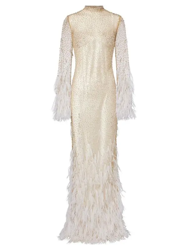 CLIO PEPPIATT Mia Embellished Feather-trimmed Gown - Beige