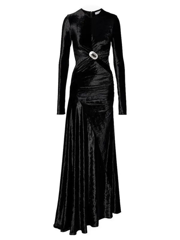 Rabanne Asymmetrical Draped Velvet Gown - Black