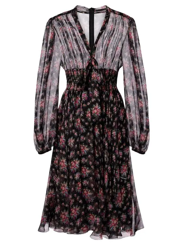 Dolce & Gabbana Floral Shirred Silk Midi Dress - Black