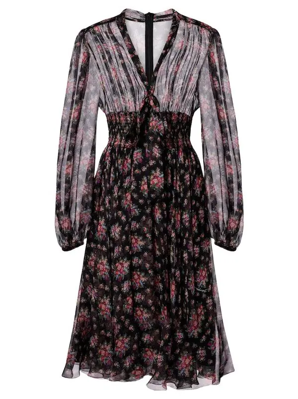 Dolce & Gabbana Floral Shirred Silk Midi Dress - Black