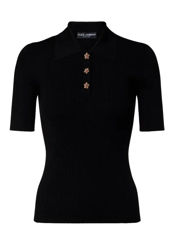 Dolce & Gabbana Embellished Ribbed-knit Polo Shirt - Black