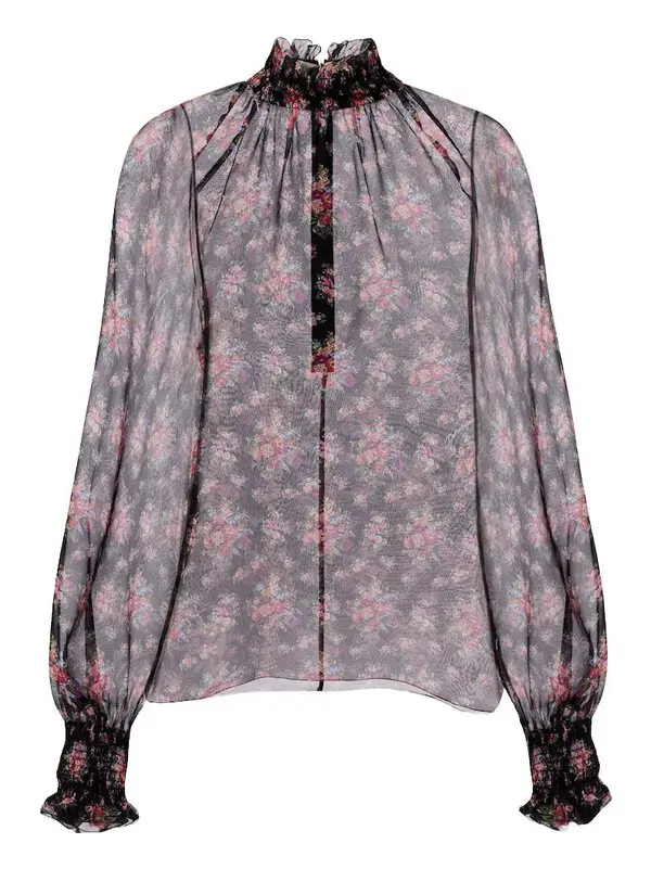 Dolce & Gabbana Floral Ruffled Sheer Silk Blouse - Black