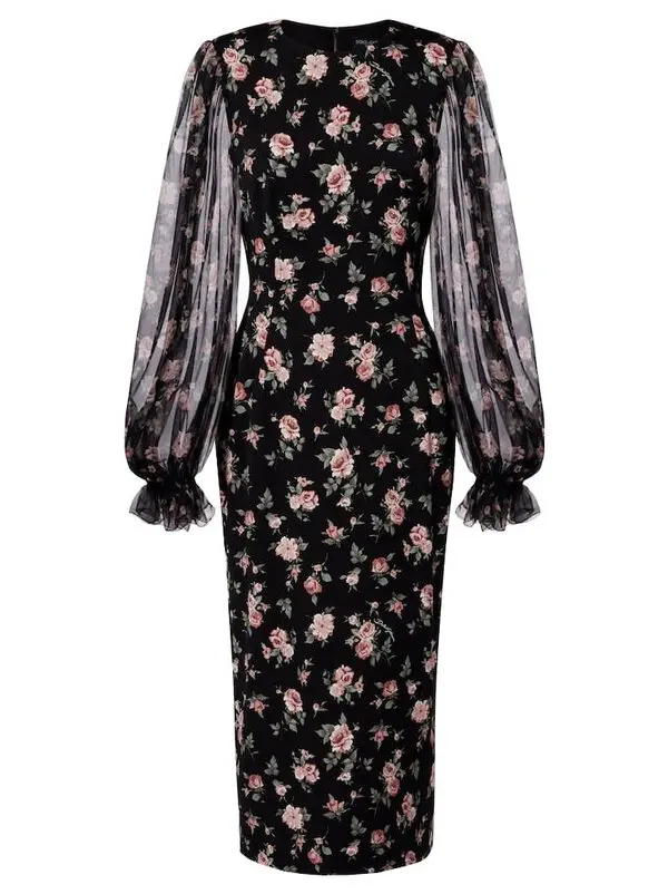 Dolce & Gabbana Floral Silk-blend Charmeuse Midi Dress - Black