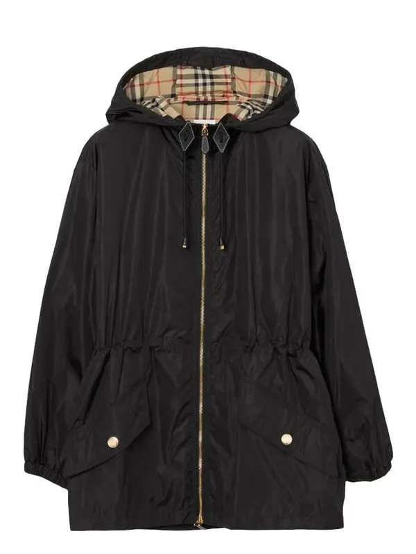 Burberry Nylon Hooded Jacket With Leather Trims - Black