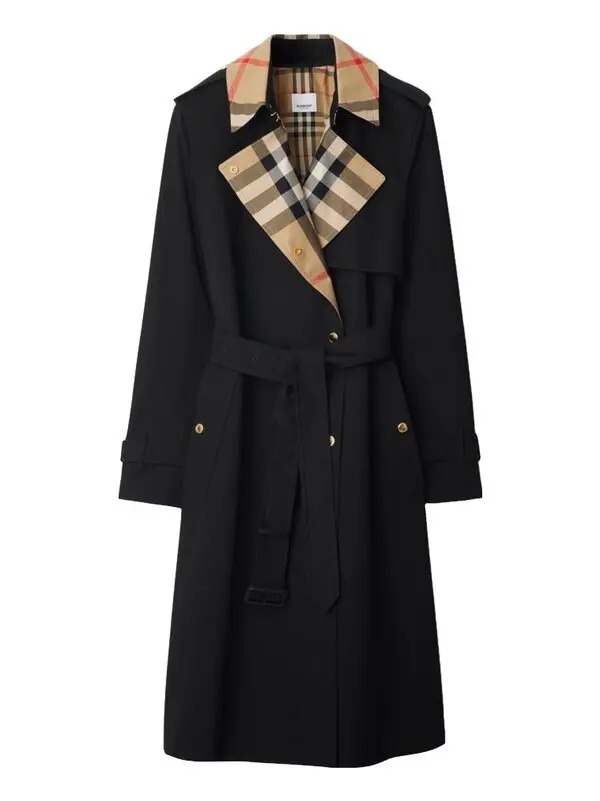 Burberry Long Check Collar Gabardine Trench Coat - Black