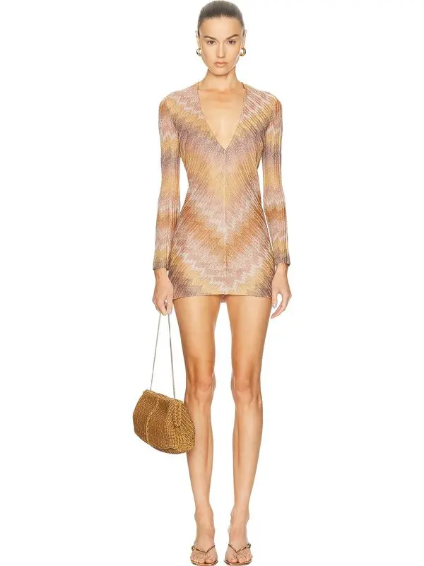 Missoni Long Sleeve Short Dress In Metallic - Gold Tones