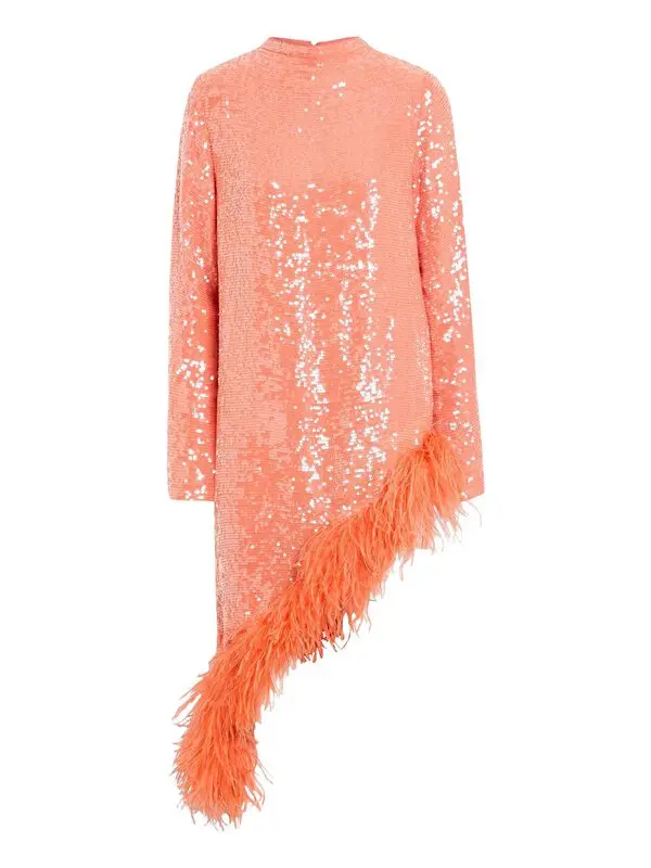 Lapointe Asymmetric Feather-trimmed Sequined Chiffon Top - Coral