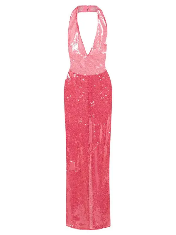 Lapointe Sequined Tulle Halterneck Maxi Dress - Pink