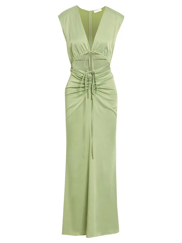 Lapointe Satin Maxi Dress With Ruched Cutout - Leaf Green