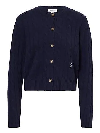 SPORTY & RICH Cable-knit Cashmere-and-wool Cardigan - Dark Navy