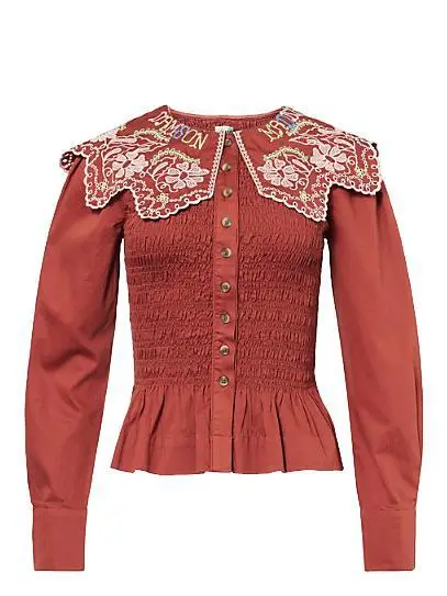 DAMSON MADDER Fern Embroidered-collar Shirred Blouse - Rust