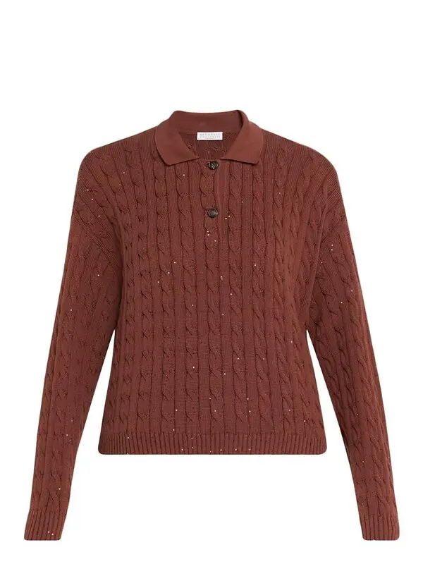 Brunello Cucinelli Paillette Cable Knit Polo Sweater - Mulberry