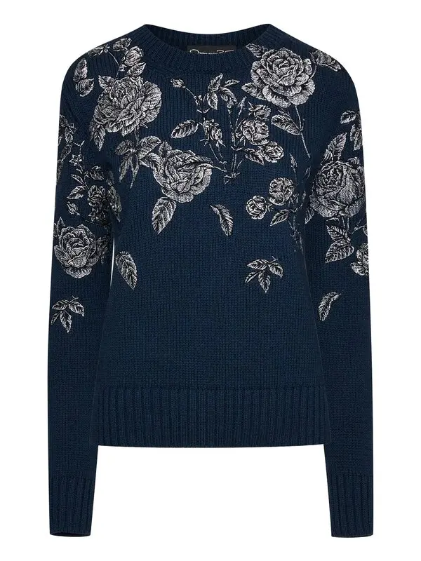 Oscar De La Renta Embroidered Knit Pullover - Blue