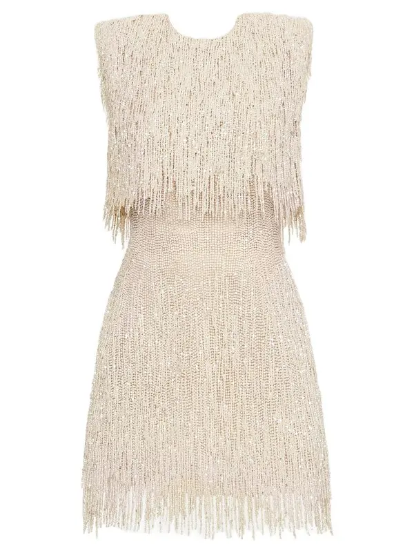 Oscar De La Renta Pearl Fringe Mini Dress - Beige