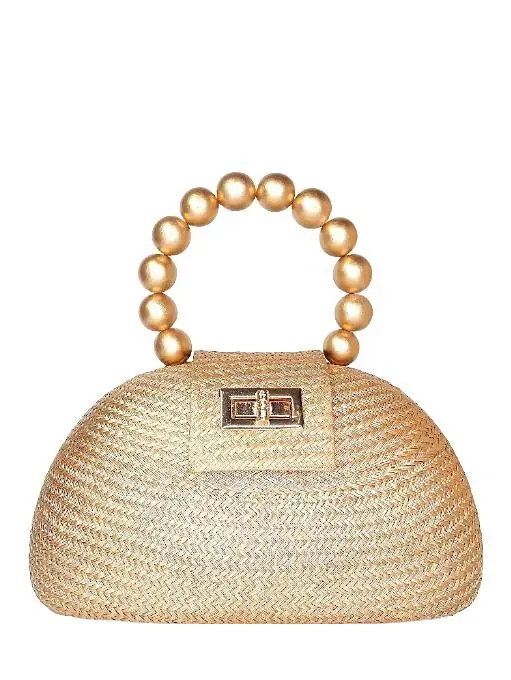 SOLI & SUN Woven Straw Clutch With Wooden Bead Handle - Gold