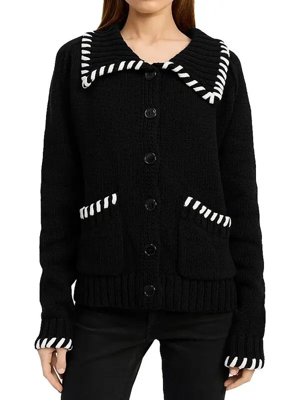 EN SAISON Piper Whipstitch Collared Cardigan Sweater - Black/white