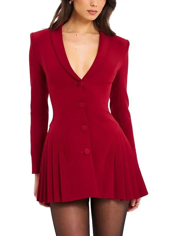 MISS CIRCLE Delia Long Sleeve Blazer Dress With Pleated Skirt - Burgundy
