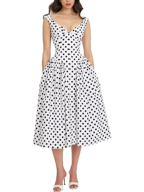 MISS CIRCLE Rahma Polka Dot Midi Dress - White Base Polka Dot