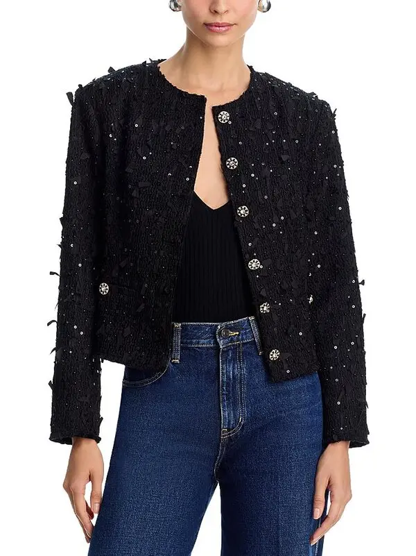 Aqua Ribbon Sequined Tweed Jacket - Black