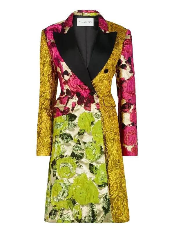 Nina Ricci Patchwork Jacquard Double-breasted Coat - Yellow