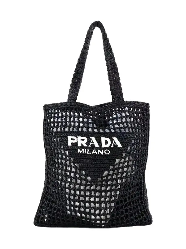 Prada Triangle Logo Raffia Tote Bag - Black