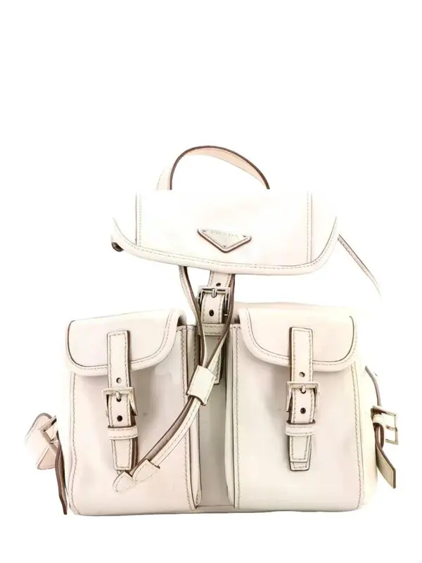 Prada Double Pocket Drawstring Calf Backpack - Neutrals
