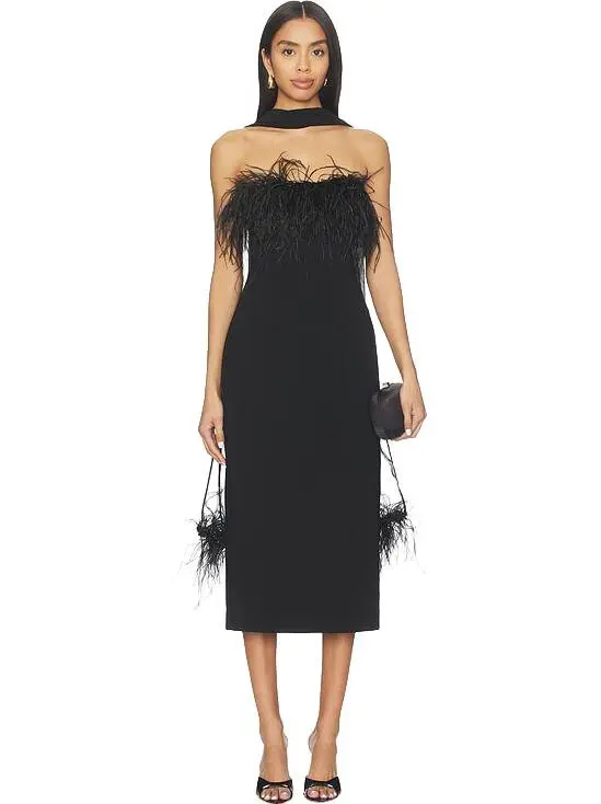 L'academie By Marianna Eirah Feathered Trim Midi Dress - Black