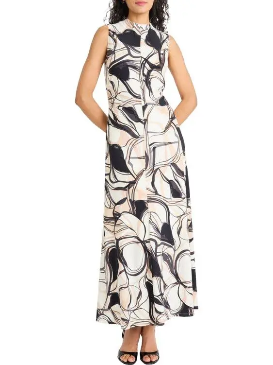 Maggy London Funnel Neck Sleeveless Maxi Dress - Ivory/mocha