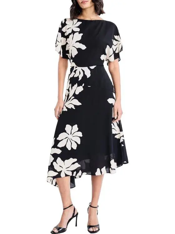 Maggy London Floral Asymmetric Midi Dress - Black/cream