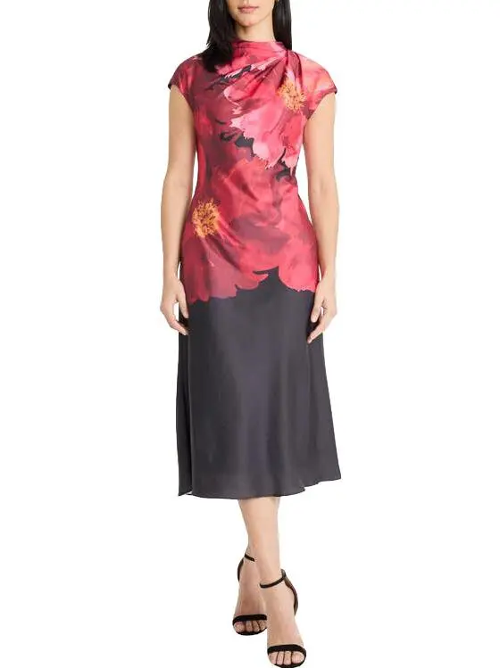 Maggy London Pleated Floral Print Cap Sleeve Satin Midi Dress - Black/flame