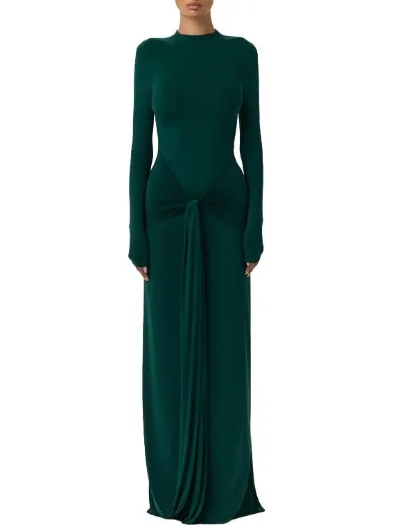 Naked Wardrobe Draped Tie Turtleneck Maxi Dress - Emerald