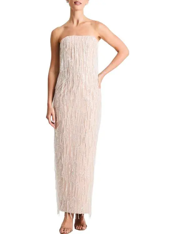 HELSI Ramona Fringe Embellished Strapless Gown - Off White/beige