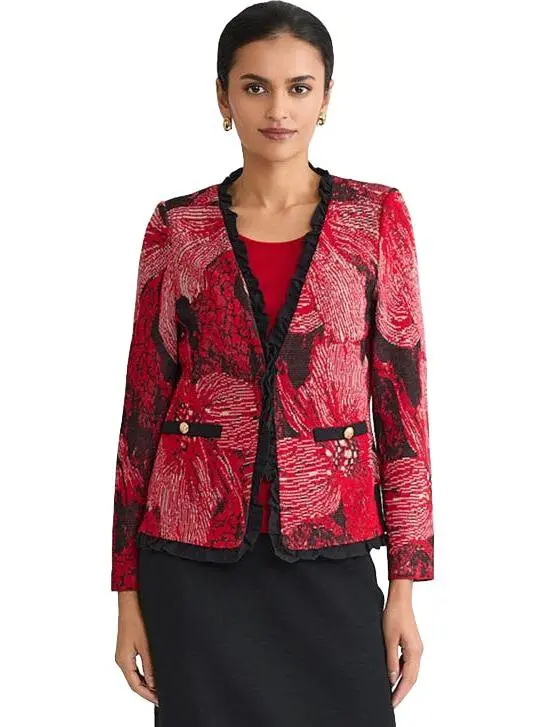 Ming Wang Heritage Floral Ruffle Trim Jacquard Knit Jacket - Holiday/twig/black