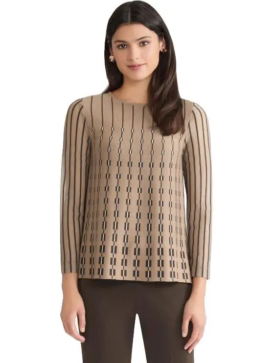 Ming Wang A-line Linear Patterned Soft Knit Top - Warm Taupe/dark Umber/ivory