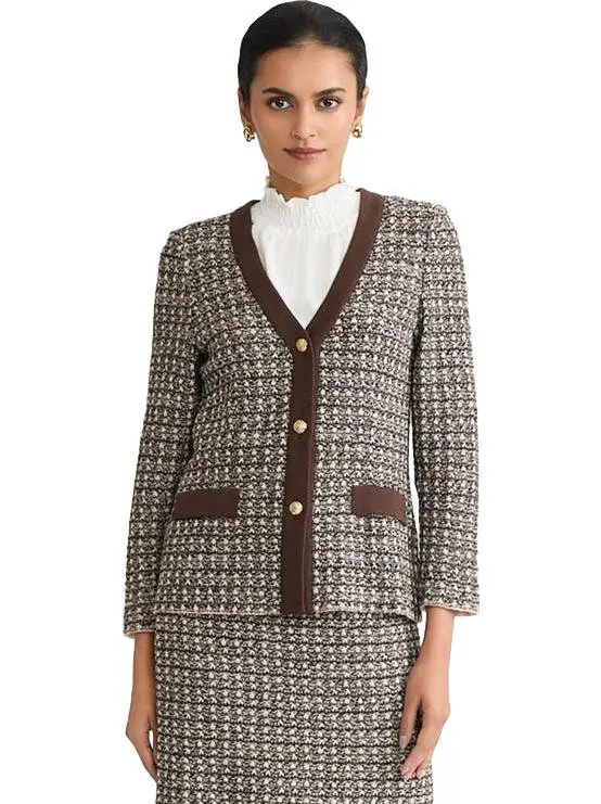 Ming Wang Tailored Contrast Trim Tweed Knit Jacket - Dark Umber/twig/black/ivory
