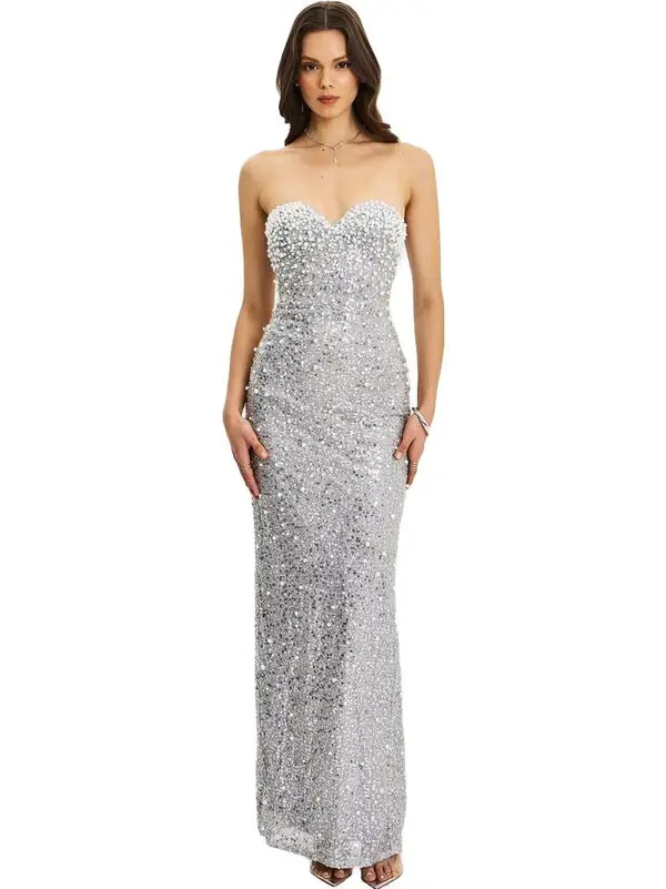 MISS CIRCLE NEW YORK Sequin Pearl-embellished Sweetheart Maxi Dress - Silver