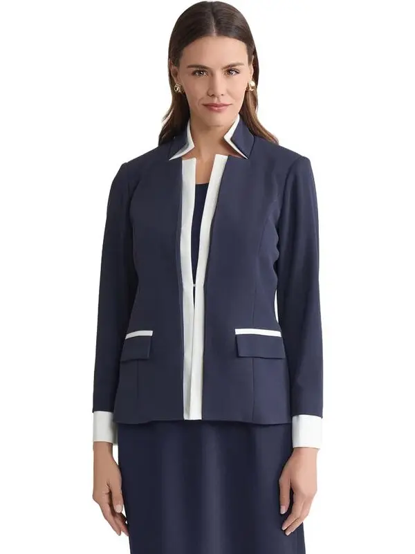 Ming Wang Tailored Stretch Deco Crepe Blazer - Indigo/white
